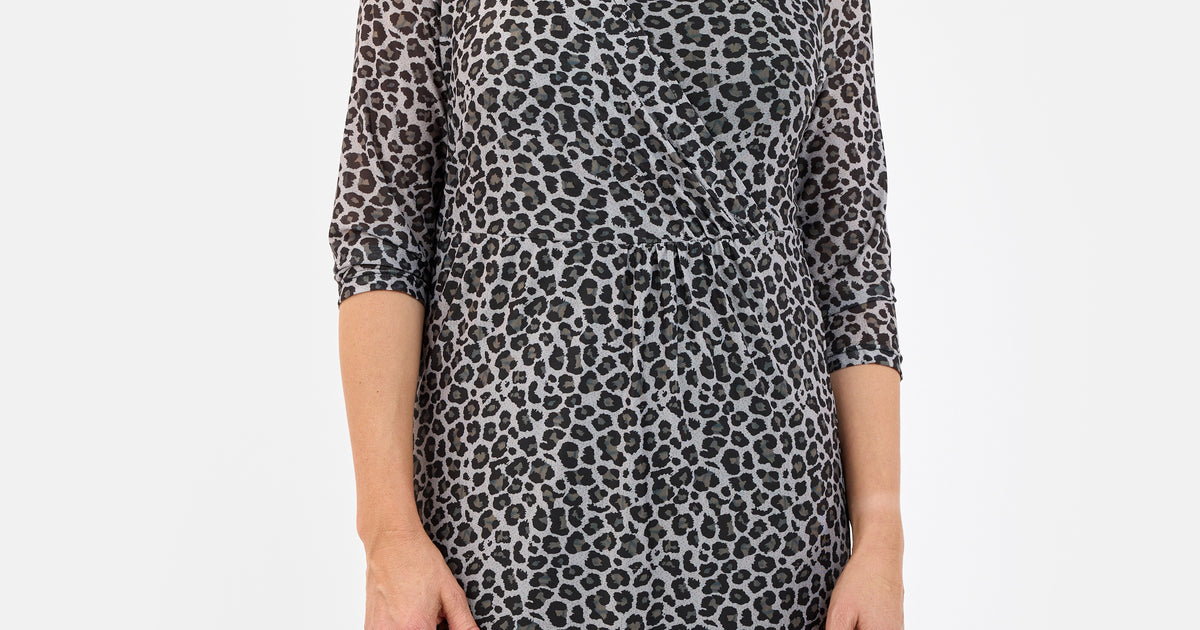 3/4 Ærmet Kjole - Grå Mix - Leopard Print